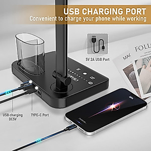 CHARYJOD Dimmable LED Desk Lamp with USB Charging Port, 50 Lighting Modes Dual Swing Arm Architect Table Lamp Light Desk Lamp for Home Office Dorm Piano Nail