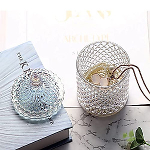 JIEQIJIAJU Glass Qtip Holder with Lid, Decorative Glass Apothecary Jar Crystal Canister Jar Bathroom Vanity Organizer for Q-tips, Cotton Ball & Swab, Cotton Pads, Hair Band, Candy Storage
