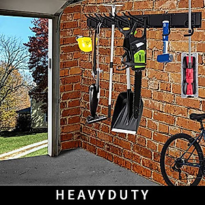 Garage Tool Organizer Wall Mount, 12 PCS Garden Tool Rack Garage Storage, 8 Heavy Duty Adjustable Hooks Steel and 4 Rails Aluminum, 450 LBS Max Load