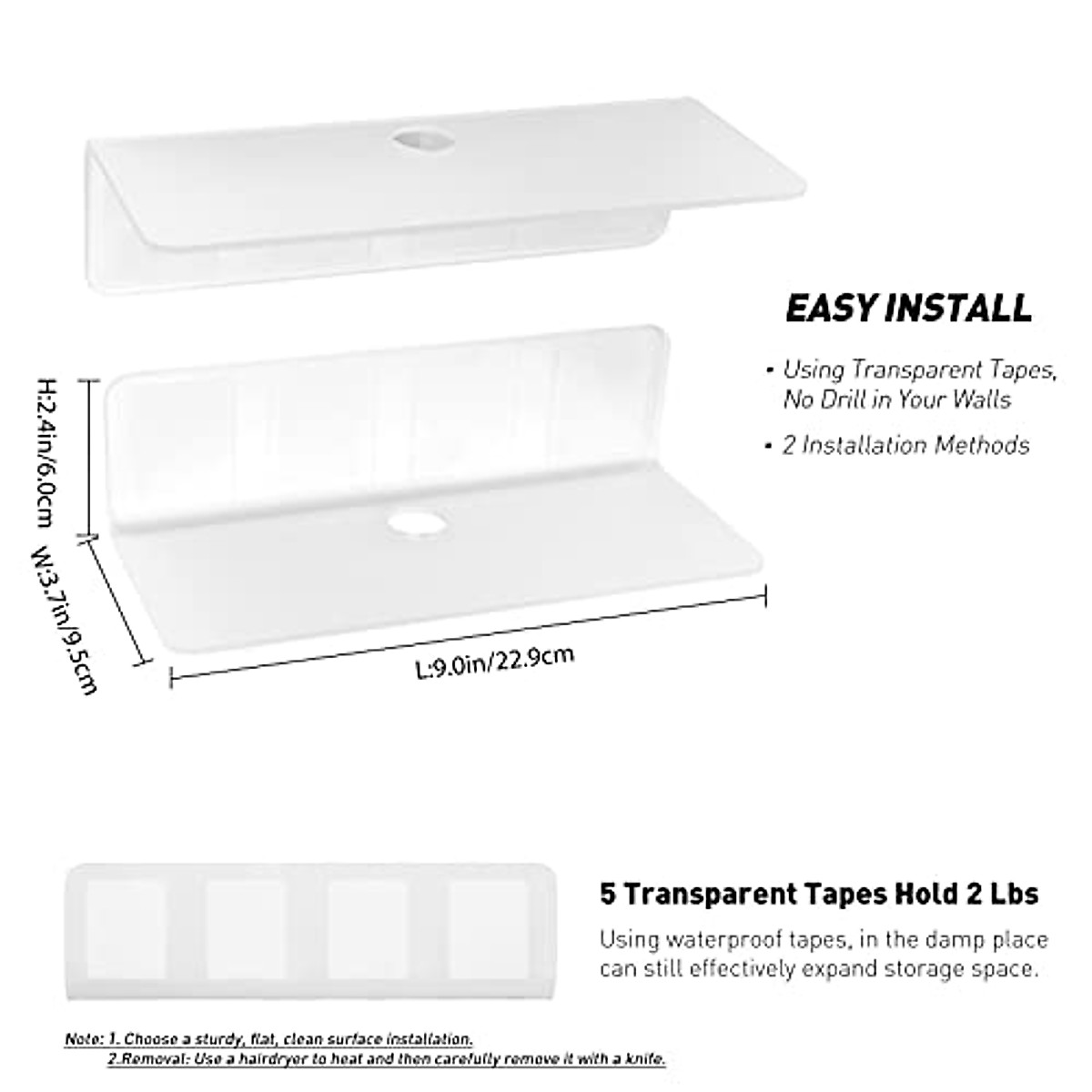 OAPRIRE Acrylic Floating Shelves Set of 2 - Damage Free Expand Wall Space - 9 Inch Adhesive Shelf for Bedroom, Bathroom, Kitchen, Shelves for Wall Decor with Cable Clips (Frosted)