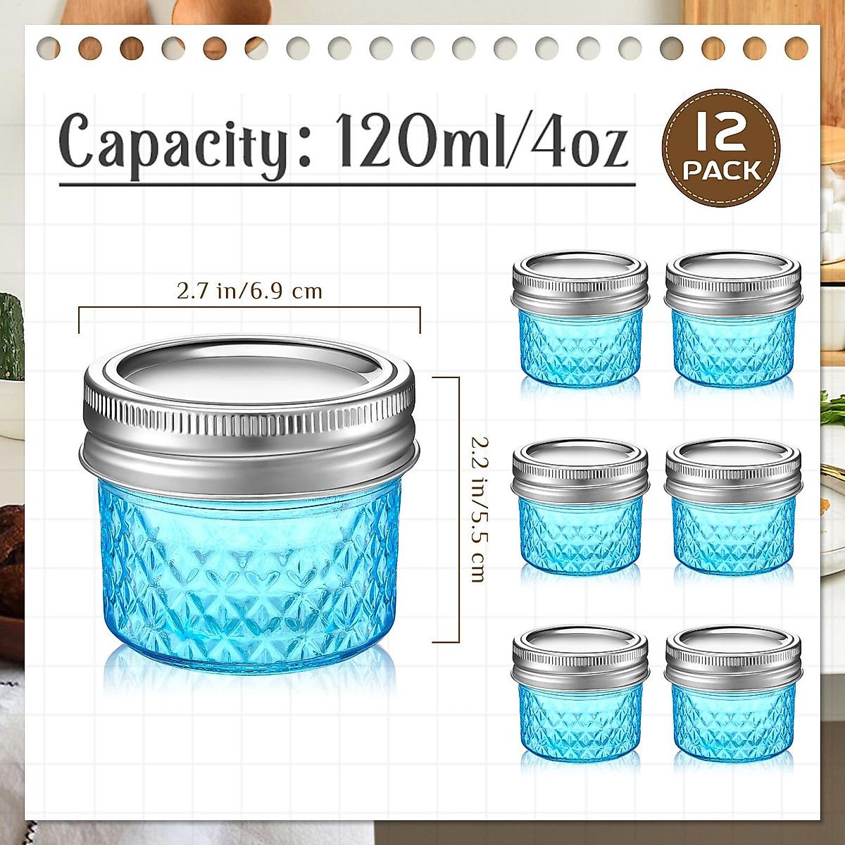 Zhehao 12 Pcs Mason Jars 4 oz with Regular Lids Mini Canning Jelly Honey Jars for Wedding Shower Favors DIY Projects Candle Holding Spice Jam Fruit Smoothie Salad Dressing Ketchup(Light Blue)
