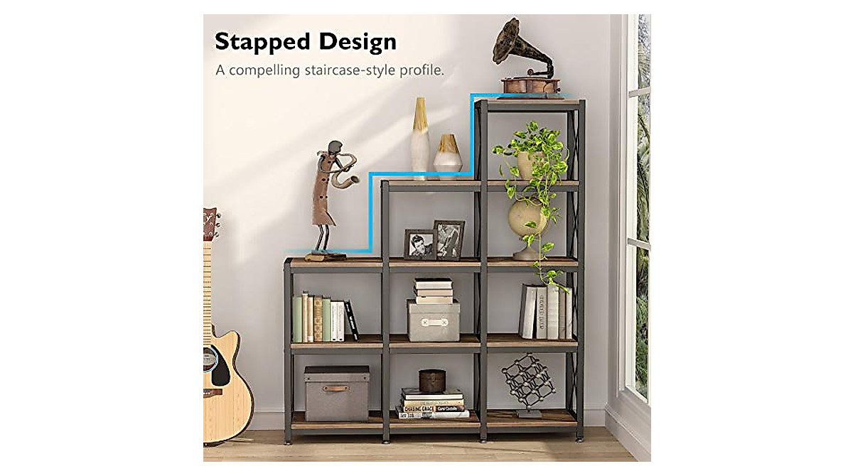 Tribesigns 12 Shelves Bookshelf | Rustic Industrial Corner Storage