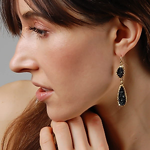 Humble Chic Simulated Druzy Drop Dangles - Long Double Teardrop Dangly Earrings for Women, Gold - Black Stone