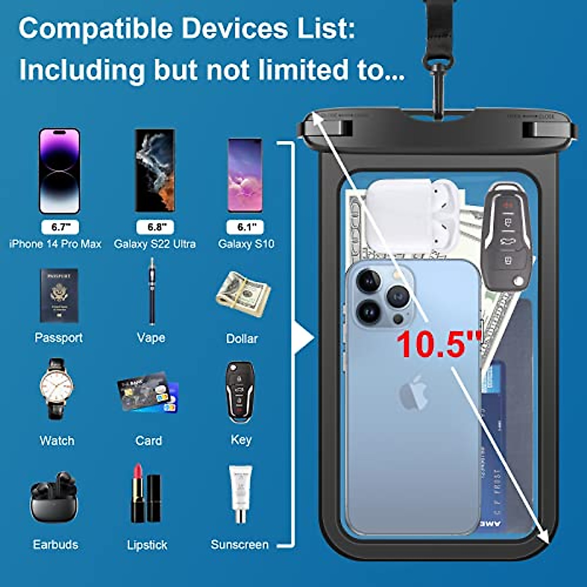 Extra Large Waterproof Phone Pouch, IPX8 Universal Water Proof Phone Case, Cell Phone Dry Bag for iPhone Samsung Galaxy, Up to 10.5" with Full Perspective On Both Side (2 Pcs)