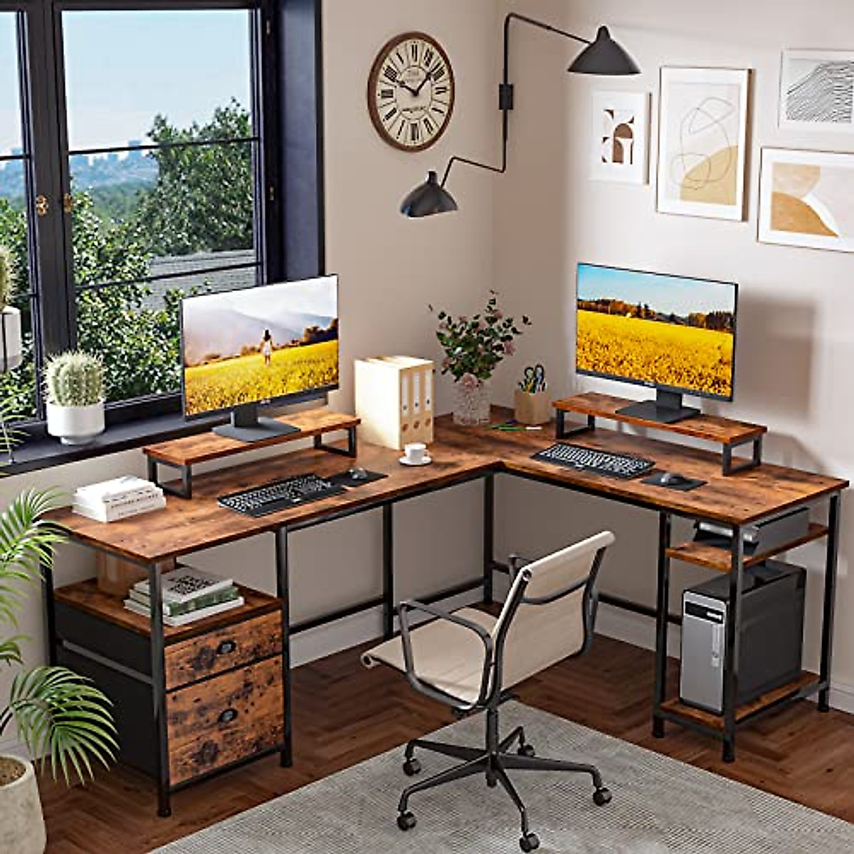 Furologee 66" L Shaped Computer Desk with Shelves, Corner Gaming Desk with File Drawer and Dual Monitor Stand, Large Home Office Desk Writing Study Table Workstation, Rustic Brown