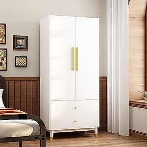 DiDuGo 2-Door Wardrobe Closet with 2 Drawers, Armoire Wardrobe Closet with Hanging Rod, Bedroom Armoire Closet with Wooden Legs, White and Gold (31.5”W x 19.1”D x 71.1”H)