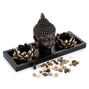 OwnMy Buddha Head Sculpture Statue with 2 Lotus Tealight Candle Holders 1 Wooden Display Tray Decor Stones, Buddha Meditation Votive Candle Holder Candle Stands for Home Decor Table Zen Garden Decor