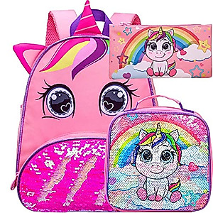 UFNDC Toddler Backpack for Girls, 3pcs Unicorn Sequin Preschool Bookbag with Lunch Box,Cute Kindergarten School Bag