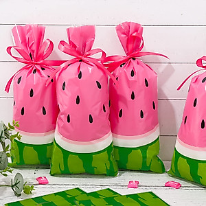 Whaline 100Pcs Watermelon Treat Bags Pink Green Candy Cellophane Bag 10.8 x 5 Inch Watermelon Plastic Goody Bags with Red Ribbon for Birthday Watermelon Party Favor Supplies Gift Summer Decoration