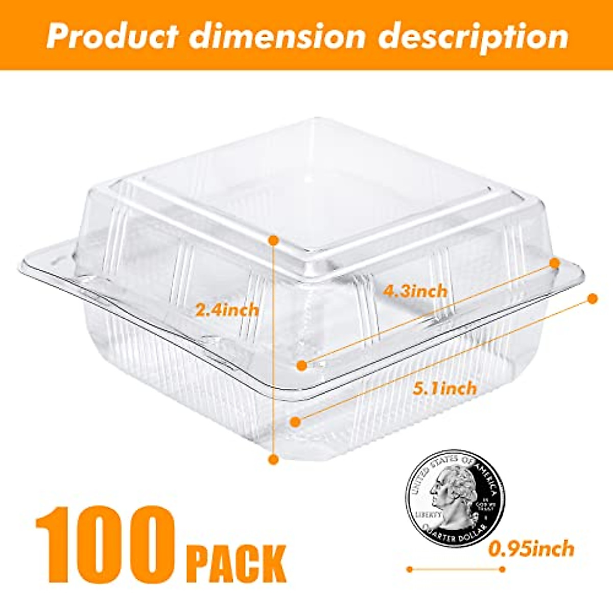 MANSHU 100 Pcs Clear Plastic Take out Containers,Disposable Clamshell Dessert Container with Lid, for Salads, Pasta, Sandwiches (5x5.12x2.36 in).