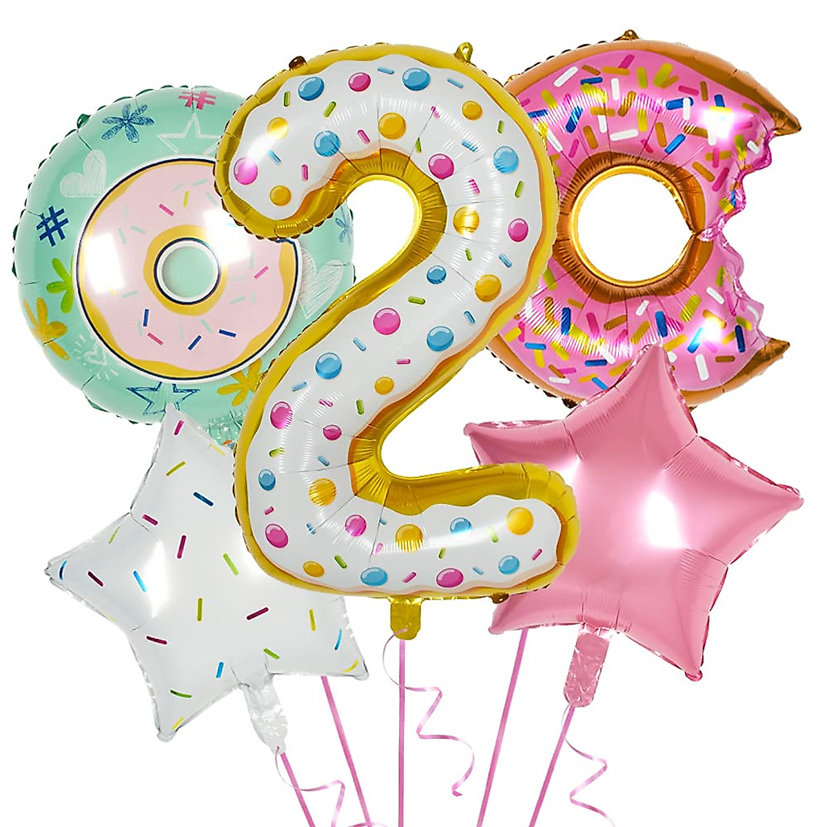 Donut Balloon Party Decorations With White Large Doughnut Number 2 Balloon Round Donut and Star Mylar Foil Balloons with Ribbon for 2nd Baby Birthday Party Supplies … …