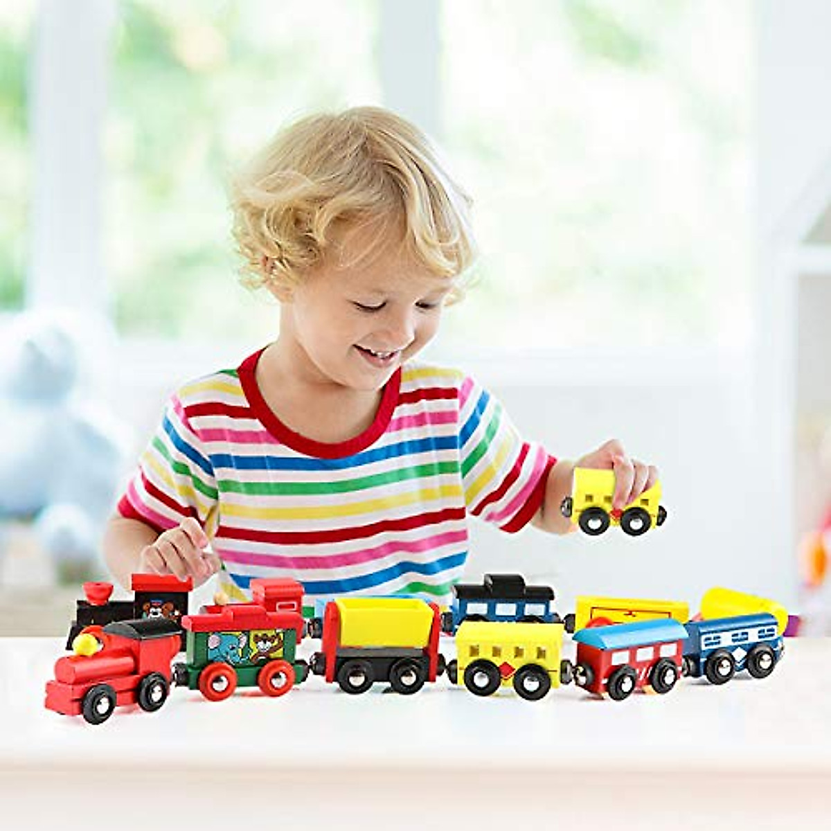 Joqutoys 12 PCS Wooden Train Cars, Train Toys Magnetic Set Includes 3 Engines and Storage Bag, Toy Train Sets for Kids Toddler Boys and Girls, Compatible with Major Brands Train Tracks Set