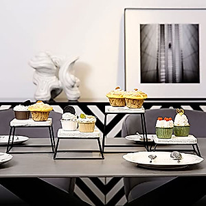 MyGift Cake Display Stand, Whitewashed Wood & Black Metal Square Cupcake Stands Dessert Risers/Retail Display Pedestals, Set of 4