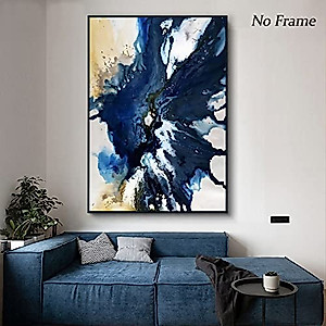 Navy Blue and Gold Paintings Blue White and Gold Canvas Wall Art Modern Navy Blue Art Abstract Blue Watercolor Painting Dark Blue Abstract Art Print Blue White Yellow Modern Artwork 16x24inch No Frame
