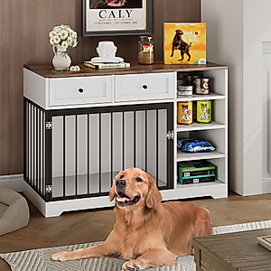 GAOMON Dog Crate Furniture 47”, Large Dog Crate with 2 Drawers and 4 Shelves, Wooden Heavy Duty Dog Crate, Decorative Dog Indoor Kennel Furniture Indoor with Storage, White