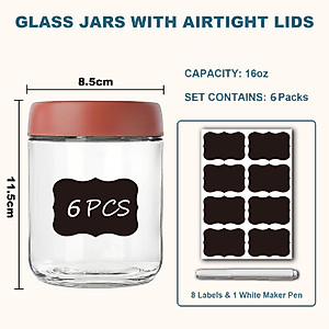6 Pack 16oz Overnight Oats Containers with Lids Wide Mouth Mason Salad Jars Glass Food Storage Containers for Snacks Yogurt Spice Sugar Meal Prep with Stickers and Marker