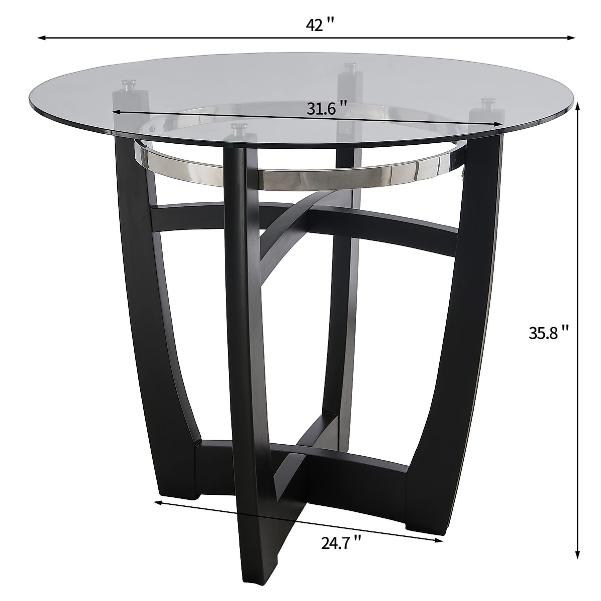 PADMA HOUSE Glass Counter Height Bar Table Stools Set of 4, 42" Round Glasstop Counter Height Table Chairs Set 26" H Barstools Chairs with Upholstered Back for Bar Kitchen Restaurant, Black