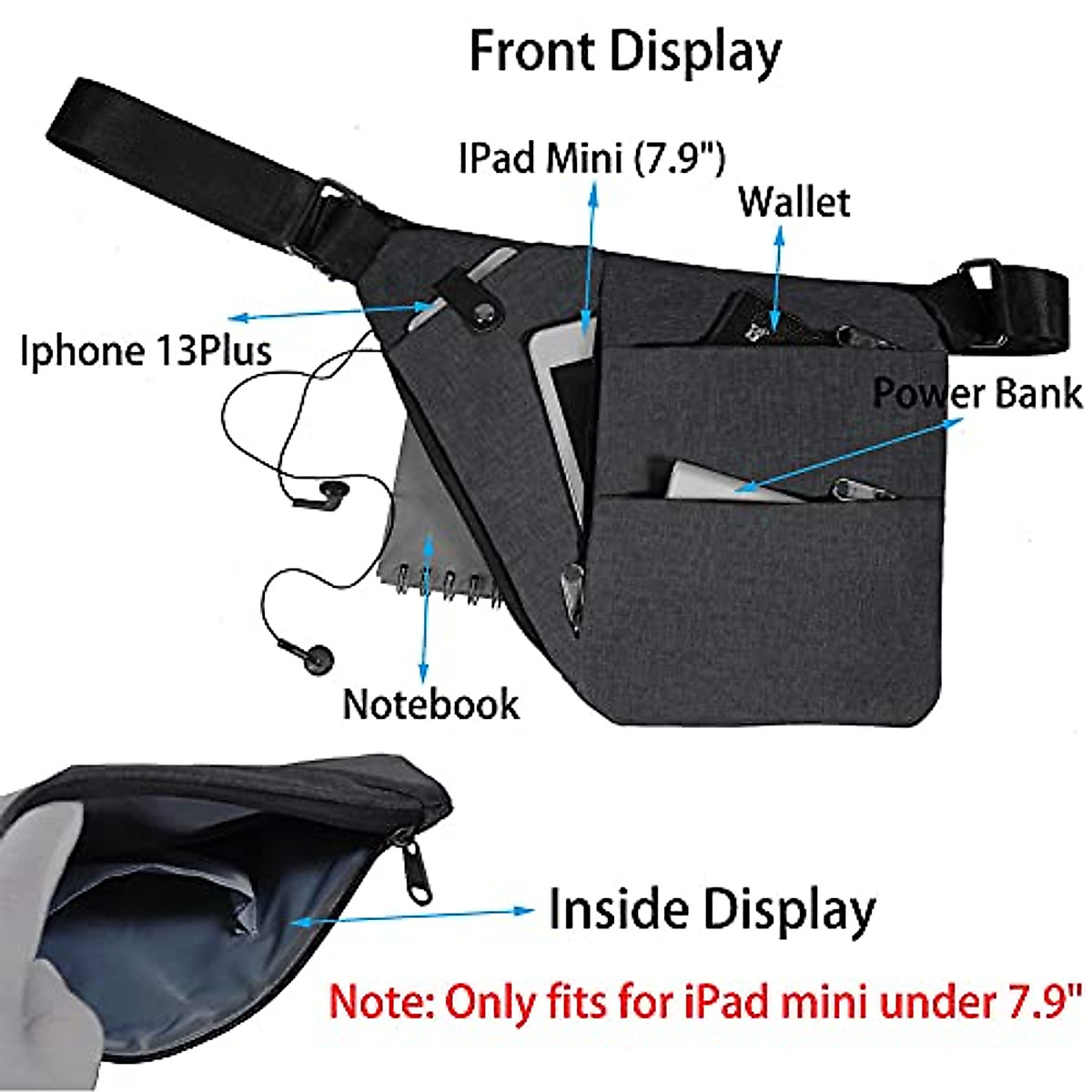 Strangefly Slim Sling Bag Anti-Theft Personal Pocket Bags Chest Side Body Backpack Compact Small Single Crossbody Shoulder Daypacks for Men Women (Black)