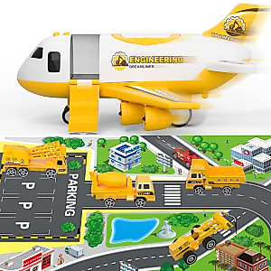 UNIH Toddler Airplane for 2 3 4 5 Year Old Boys & Girls, Kids Toys Plane with Lights and Sounds, Transport Cargo Airplane with 4 Construction Cars