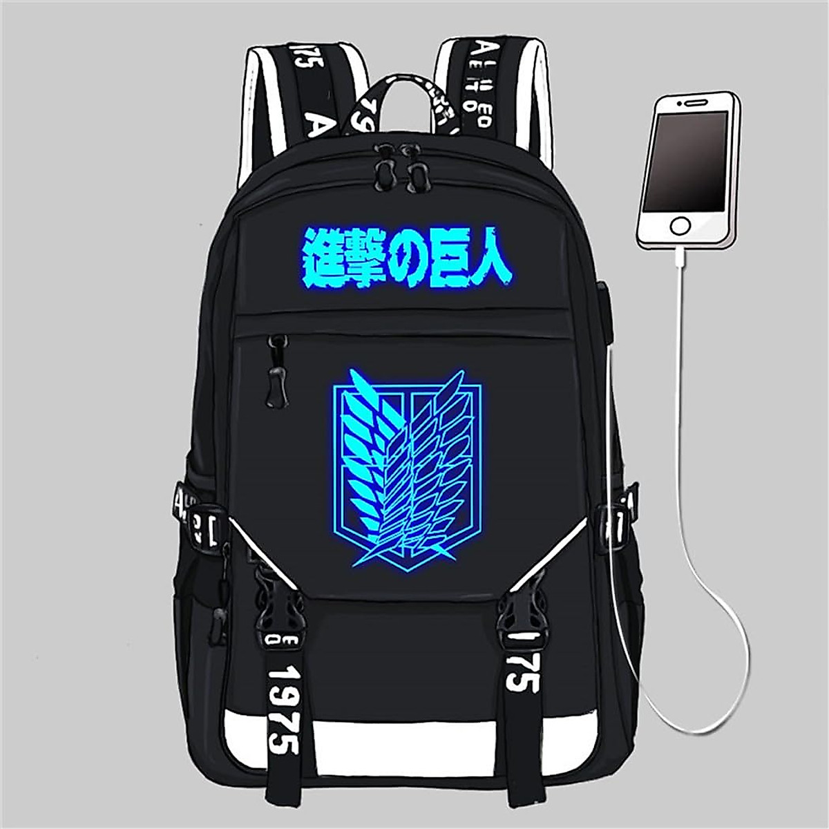 WANHONGYUE Attack on Titan Anime Luminous Laptop Backpack Rucksack Travel Sports Casual Daypack with USB Charging Port Black / 14