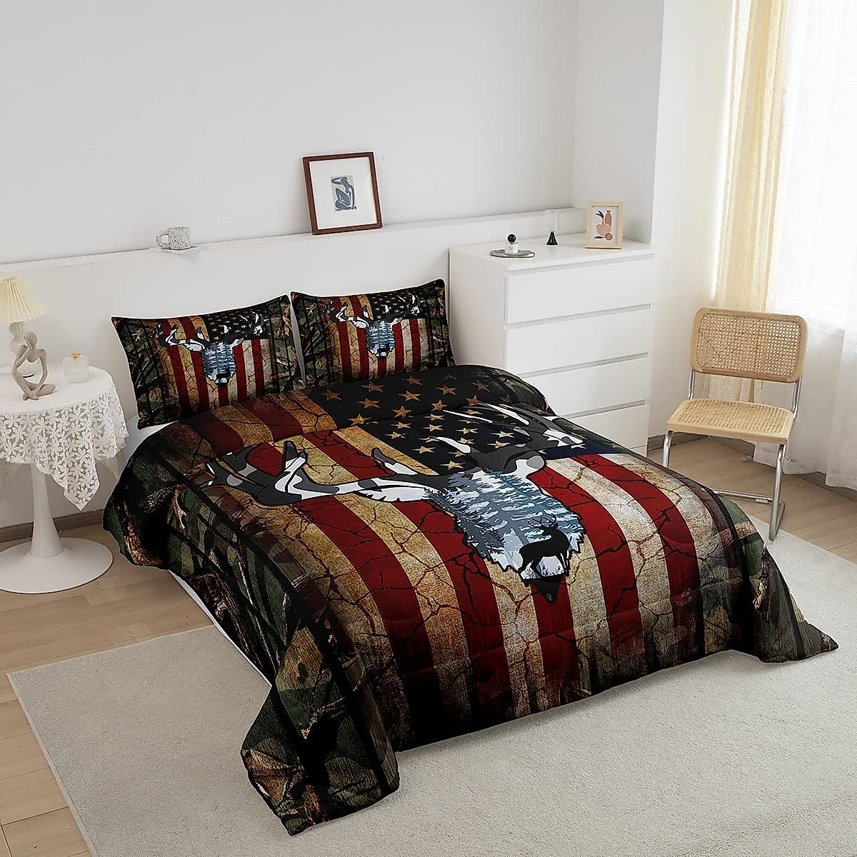 Feelyou Green Camo American Flag Bedding Set Deer Antlers Animal Hunting Camo Comforter Comforter Set Army Camouflage Camping Duvet Set Twin Size with 1 Pillow Case Boys