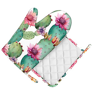 Cactus Flower Printed Oven Mitts and Pot Holders Sets Heat Resistant Kitchen Oven Gloves Potholders Set Extra Long Non-Slip Silicone Gloves for Cooking Baking BBQ