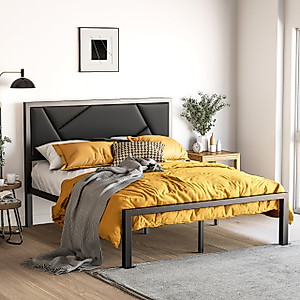 SHA CERLIN Modern Full Size Metal Bed Frame with Litchi Grain Leather Upholstered Headboard, No Box Spring Needed, 12.4" Underbed Storage, Black