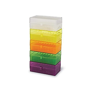 Heathrow Scientific 50 Well Microtube Storage Box with Snap Clasp, Fits 1.5/2.0mL Tubes and Vials, Polypropylene, Assorted Colors (Blue, Green, Purple, Yellow, Orange), Pack of 5