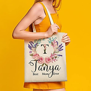 Custom Tote Bag For Women Personalized Floral Initial Shoulder Bag For Beach Wedding Travel Work Birthday Gifts