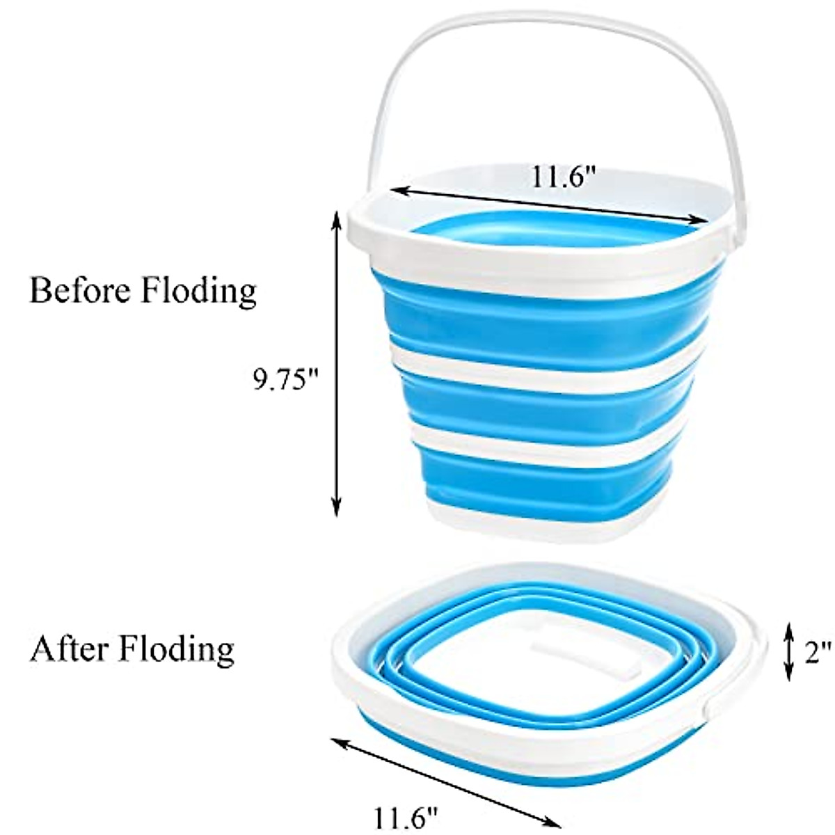 Fasmov 2 Pack Collapsible Plastic Bucket, Portable Cleaning Bucket with Handle, 2.6 Gallon (10L) Foldable Rectangular Tub for Hiking, Backpacking, Camping, Fishing, Car Wash, Gray & Blue