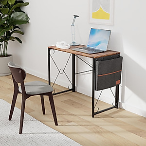 VECELO Folding Desk with Storage Bag 39 Inch Writing Desk Home Office Sturdy Steel Laptop Table for Home Office Work Rustic Brown