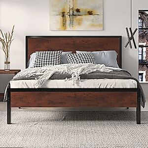 SHA CERLIN Queen Bed Frame with Headboard, Heavy Duty Platform Bed with Under-Bed Storage, Solid Wood Slats & Metal Construction, No Box Spring Needed, Easy Assembly, Saddle Brown