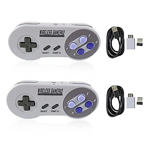 2 Packs Wireless Controller 2.4GHz for SNES/NES Classic Mini Edition, Plug & Play Retro Gamepad with USB Receiver Joystick Rechargeable Super-NES Game Controllers for PC/Windows/iOS/ Android