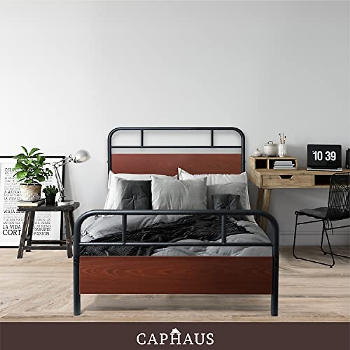 CAPHAUS Round Corner Metal Bed Frame with Modern Wood Headboard and Footboard, Mattress Foundation, Metal Platform Bed with Premium Steel Frame, Noise-Free, No Box Spring Needed, Twin Size, Walnut