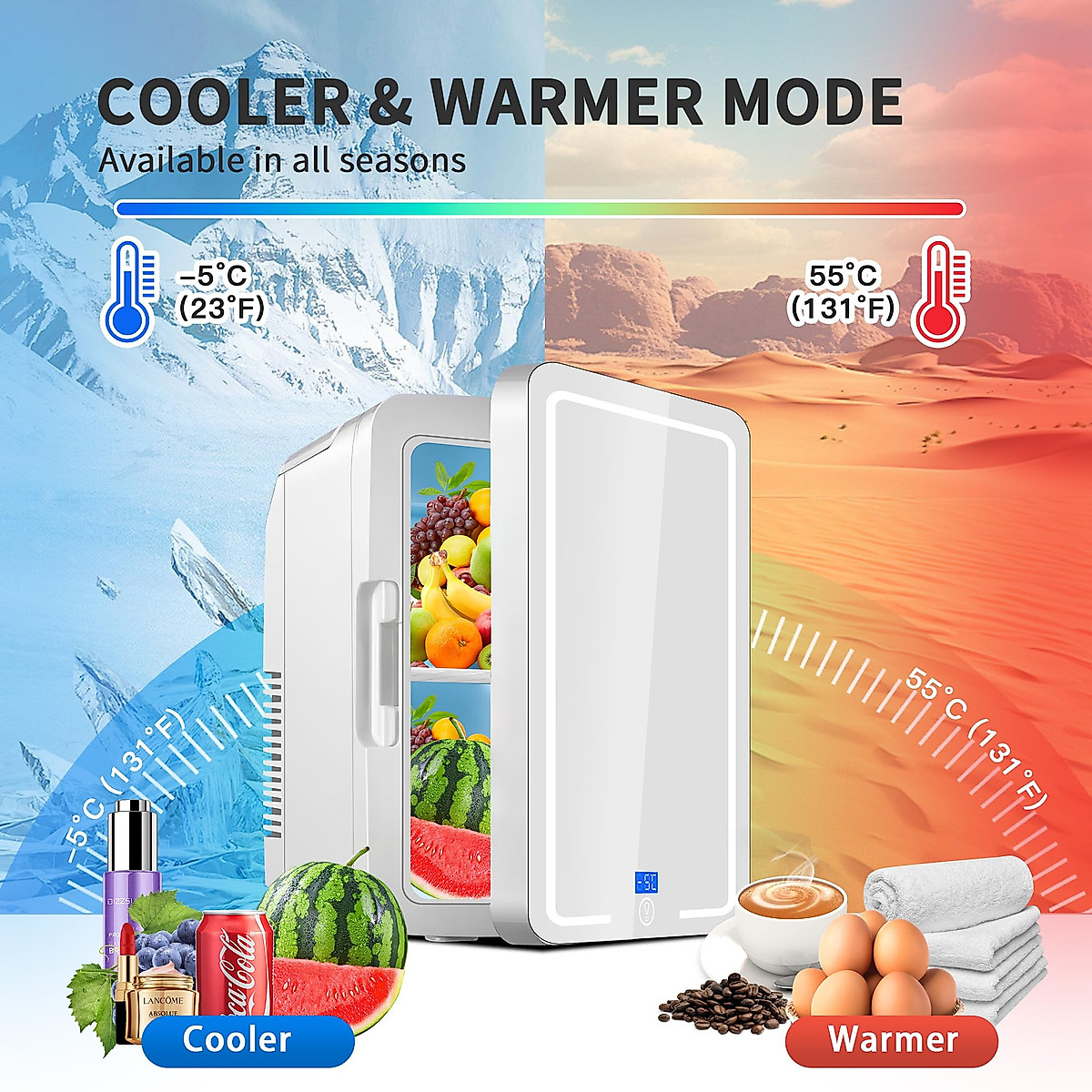 FOCHIER F Mini Fridge Portable 12L Skincare Fridge Compact Small Makeup Refrigerator with Dimmable LED Light Mirror Digital Display Cooler and Warmer AC/DC Powered for Bedroom Office Car White