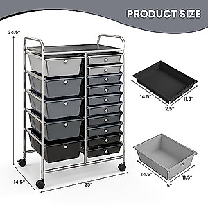 15 Drawer Rolling Storage Cart, Mobile Utility Cart with Lockable Wheels, Drawers, Multipurpose Organizer Cart for Home, Office, School, Gradient Black