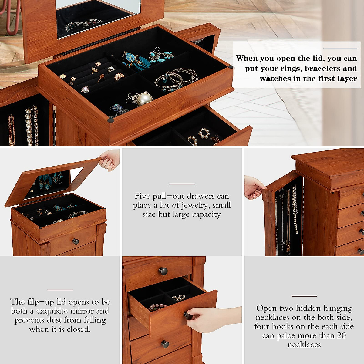 AVAWING Jewelry Cabinet Armoire with Top Flip Makeup Mirror, 5 Drawers&8 Necklace Hooks, Jewelry Storage Organizer with 2 Side Doors, Jewelry Armoire Box Chest with Top Organizer Compartment (Cherry)