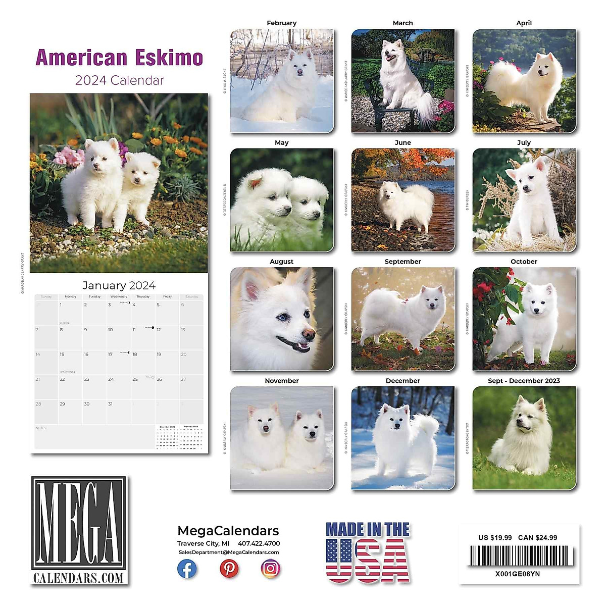 2023 2024 American Eskimo Dog Calendar - Dog Breed Monthly Wall Calendar - 12 x 24 Open - Thick No-Bleed Paper - Giftable - Academic Teacher's Planner Calendar Organizing & Planning - Made in USA