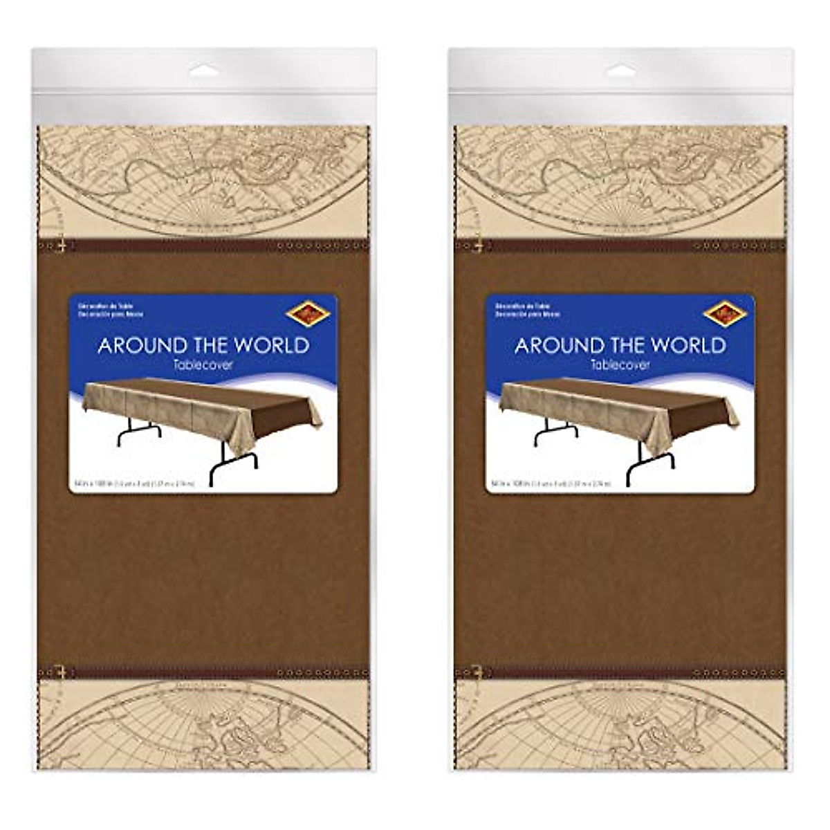 Beistle Around The World Tablecovers, 54” x 108”, 2 Pieces – Plastic Table Cloth, Around The World Decorations, Travel Themed Party Decorations, World Map Decor, Rectangular Table Cloth