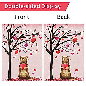 Heyfibro Valentine's Day Cat Garden Flag, Valentines Heart Love Tree Burlap 12 x 18 Inch Double Sided Yard Flag, Spring Seasonal Outdoor Decoration for Valentines Day Gifts(ONLY FLAG)