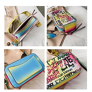 OXYPLAY PU Leather Graffiti Square Bag, Large-capacity Tassel Bag, Shoulder Messenger Bag, Double Zipper Adjustable Wallet (Black)