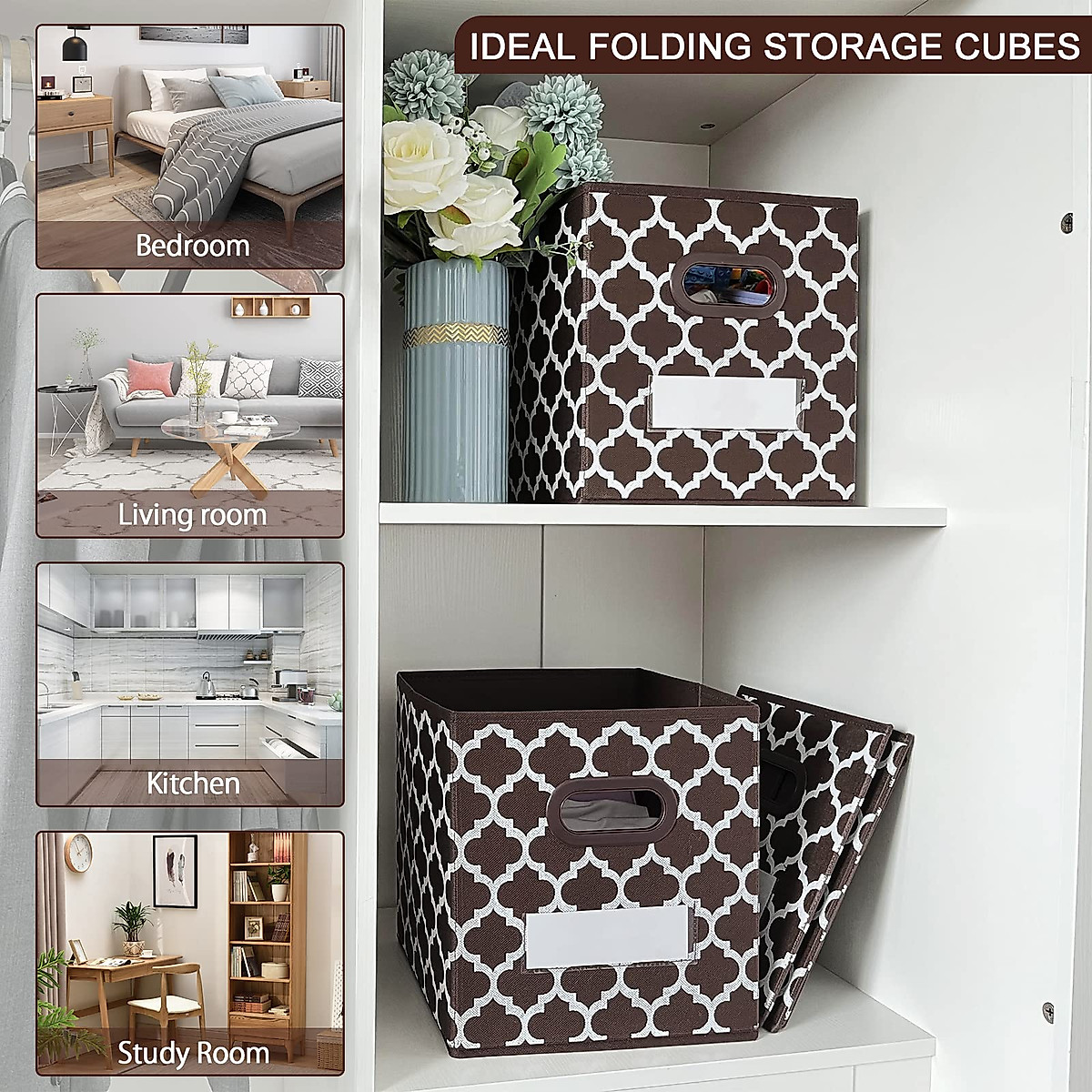 homyfort Cube Storage Organizer Bins 13x13 - Fabric Storage Cubes Foldable Baskets Square Box with Labels and Dual Sturdy Handles for Shelf, Nursery, Cabinet, Clothes, Toys, Set of 4 (Brown)