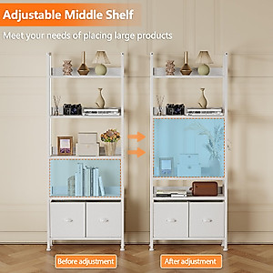 Furologee 5 Tier Bookshelf with Drawers, White Tall Bookcase with Shelves, Wood and Metal Bookshelves Storage Organizer, Modern Display Free Standing Shelf Unit for Bedroom, Living Room, Office