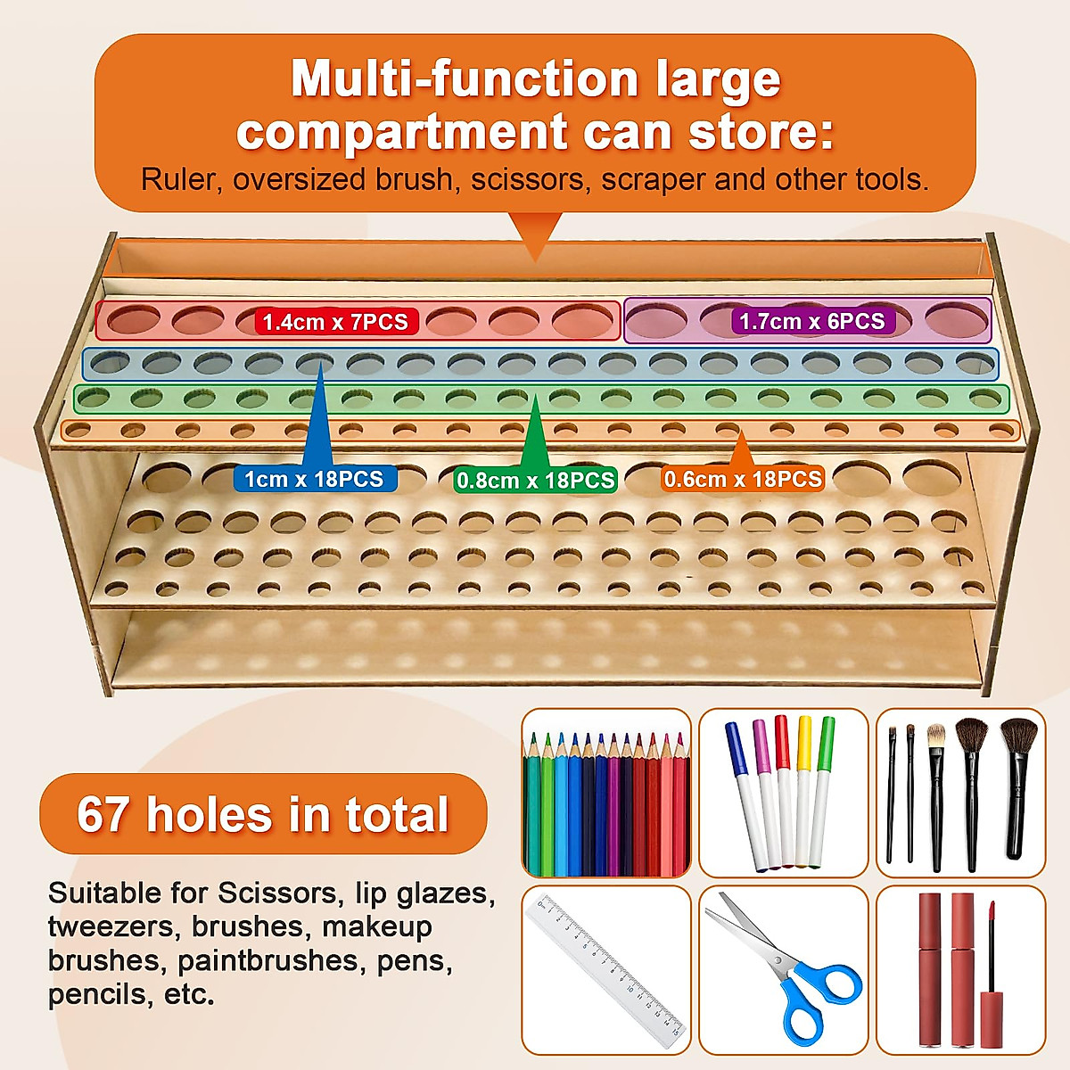 HESHUYU Wooden Paint Brush Holder 67 Hole and Large Tool Compartment Paint Brush Organizer Desk Paintbrush Holder Stand Wood Paint Brush Rack