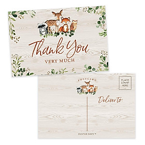 Printed Party Virtual Baby Shower by Mail, Woodland Forest Animals, Set of 5 Double-Sided Invitations, Games, Activities and Thank You Cards