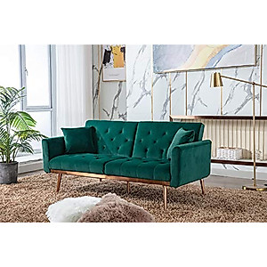 NOSGA Velvet Sofa Bed Convertible Sleeper Sofa, Modern Tufted Sofa Bed with 2 Throw Pillow, Adjustable Folding Accent Sofa Rose Gold Metal Feet for Living Room Bedroom (Green)
