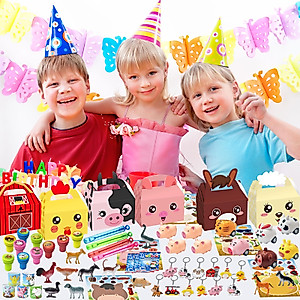 Farm Animals Party Favors Supplies 108 Pcs Birthday Party Decorations Goodie Boxes Bubble Wands Stampers Rubber Pigs Figures Keychains Pull Back Cars Slap Bracelets Stickers Toys For Kids Boys Girls