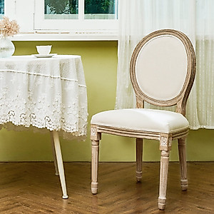 VONLUCE French Country Dining Chairs Set of 2, Wood Farmhouse Fabric Chairs with Oval Birch Backrest and Delicated Carved Rubberwood Legs, for Living Room Bedroom Kitchen, Beige