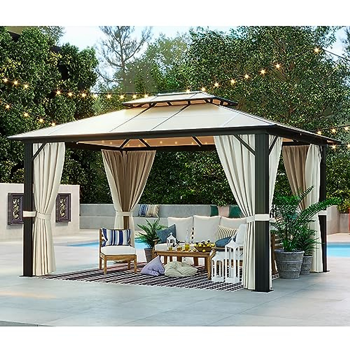 Binplax Hardtop Gazebo Polycarbonate Double Roof Canopy Curtains Aluminum Frame with Netting for Garden, Patio，10' ×13'