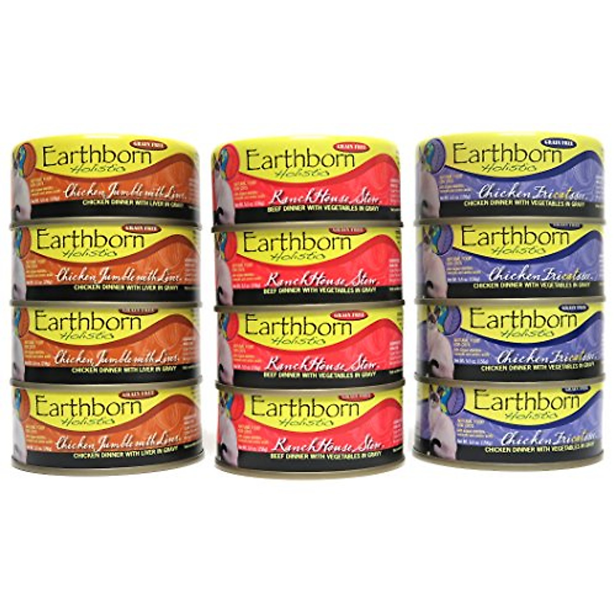 Earthborn Holistic Wet Cat Food Variety Pack - 3 Flavors (Chicken Jumble with Liver, RanchHouse Stew, and Chicken Fricatssee) - 5.5 Ounces Each (12 Total Cans)